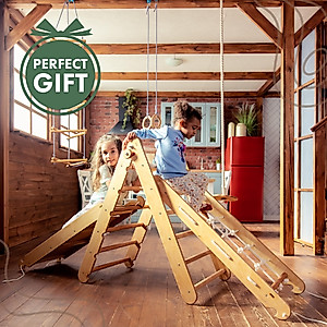 Set 3 in 1 Wooden Triangle Ladder + Climbing Net + Board Slide with Ramp, Montessori Play Gym for Toddlers - Kids Indoor Playground, Aged 6 Months to 7 Years