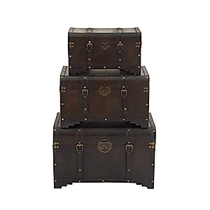 Deco 79 Wood Nesting Upholstered Trunk with Vintage Accents and Studs, Set of 3 28", 24", 20"W, Brown
