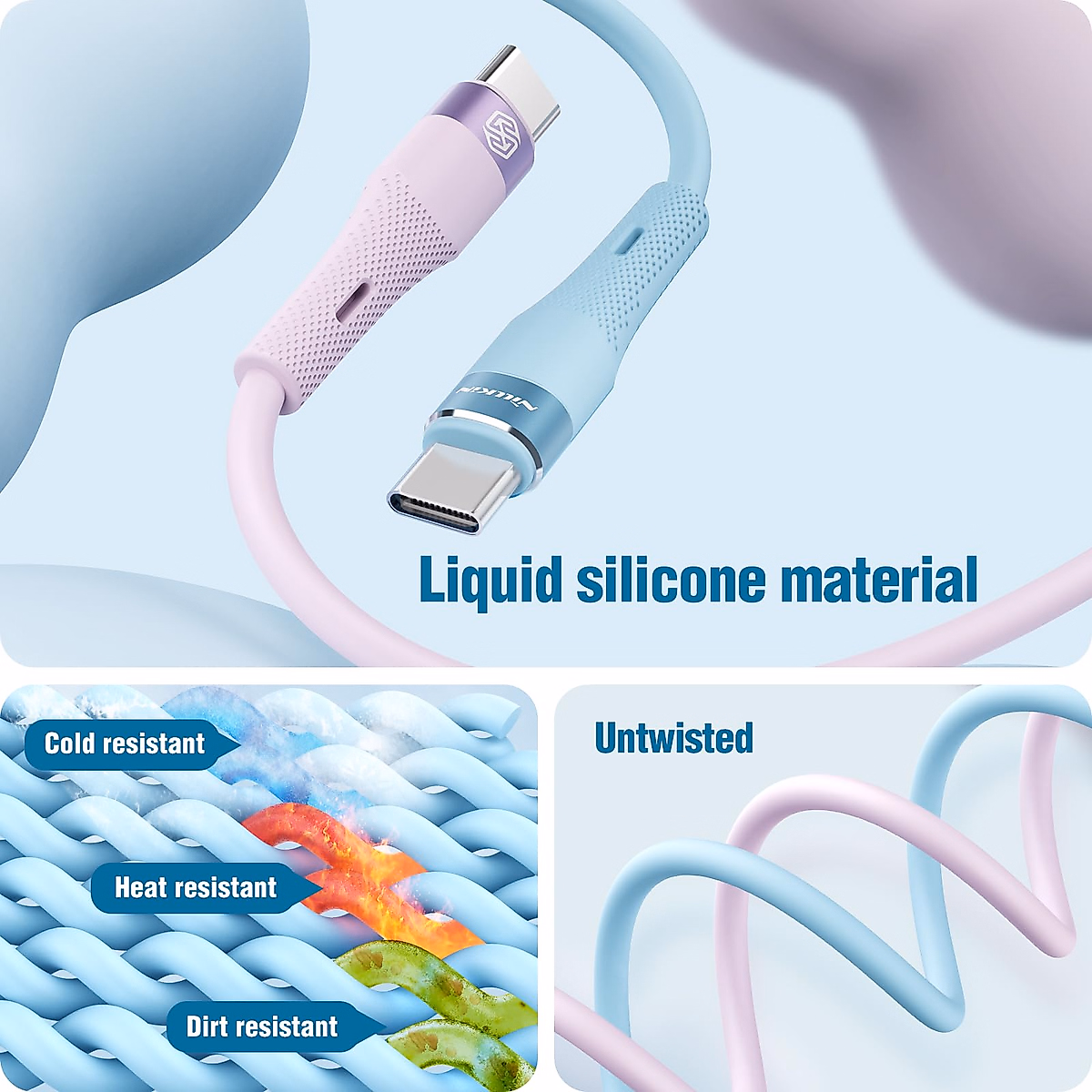 Nillkin USB C to USB C Cable, [Liquid Silicone, 4FT], 60W Type C Fast Charging Cable for iPhone 15/15 Pro/15 Plus/15 Pro Max, Samsung Galaxy S23, iPad Pro 2021, iPad Air 4, MacBook Pro 2020 Purple