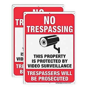 2 Pack No Trespassing Sign, Video Surveillance Signs, Trespassers Will Be Prosecuted Metal Reflective Sign, 10 x 7 Inches 0.40 Aluminum Indoor Or Outdoor Use for Home Business CCT