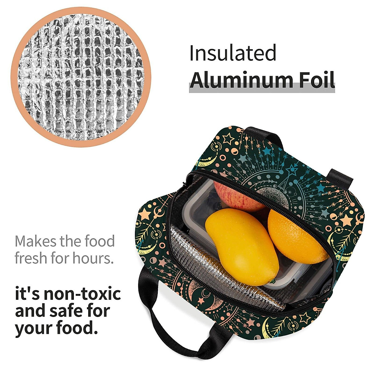 Echoserein Magical Astrology Moon Star Lunch Bag Insulated Lunch Box Reusable Lunchbox Waterproof Portable Lunch Tote For Women Men Girls Boys