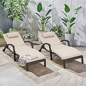 HOMREST Chaise Lounge Chairs Set of 2 for Outside, Adjustable 5 Position Outdoor PE Rattan Wicker Patio Pool Lounge Chair with Arm, Cushion, Pillow and Wheels for Poolside Backyard Deck Porch,Khaki