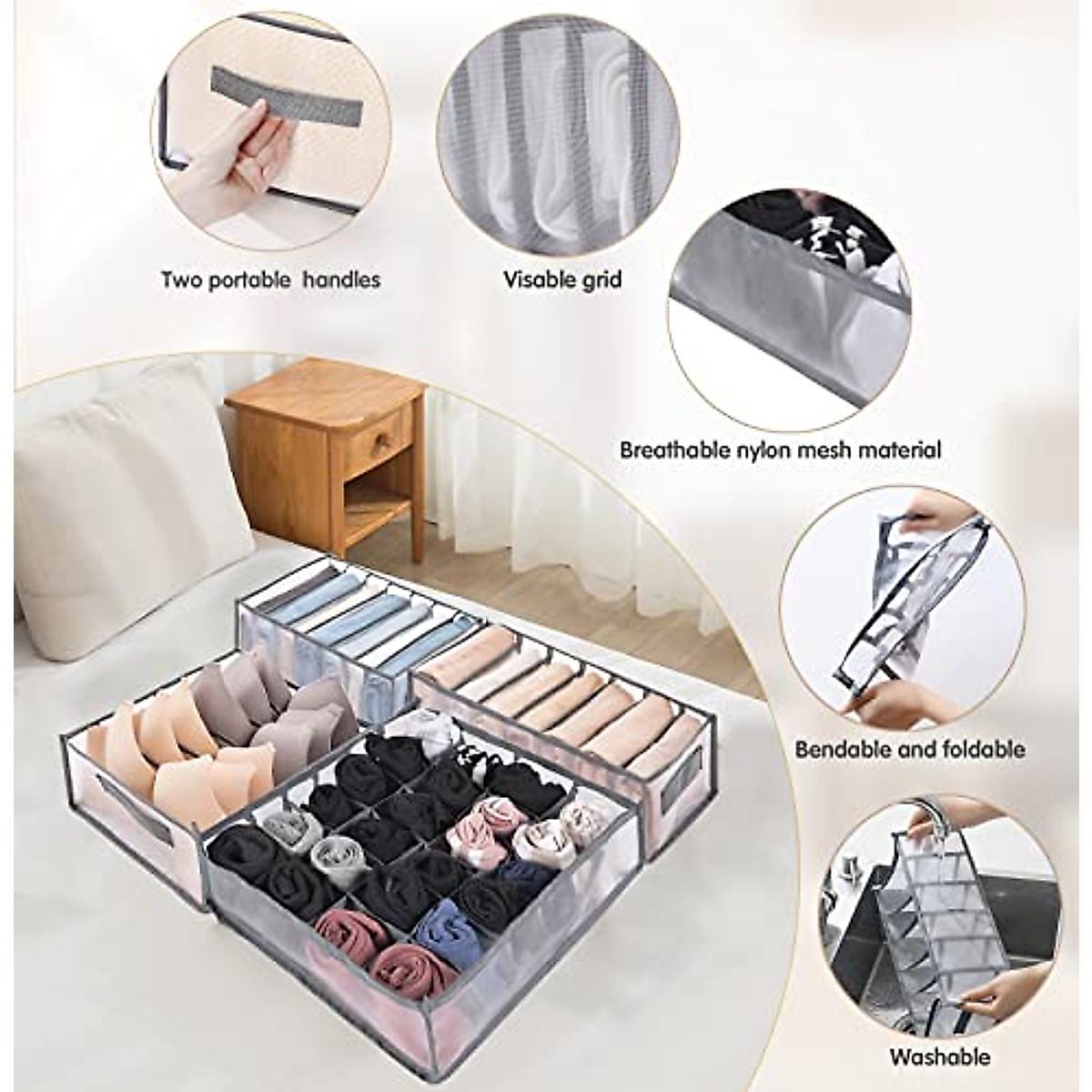 ChezMax Foldable Clothes Organizer Box, Mesh Closet Underwear Storage Bins, Grey Washable Folded Wardrobe Drawer Dividers Set, 6/7/24 Compartment/Grids for Clothing Socks Jeans Pants Ties Scarves Bras