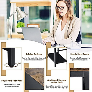 COSTWAY Industrial Home Office Desk, 55” Reversible Computer Desk w/Splice Tabletop & 2-Tier Storage Rack, Study Writing Desk w/Heavy-Duty Steel Frame & Adjustable Mesh Shelf, Black + Rustic Brown