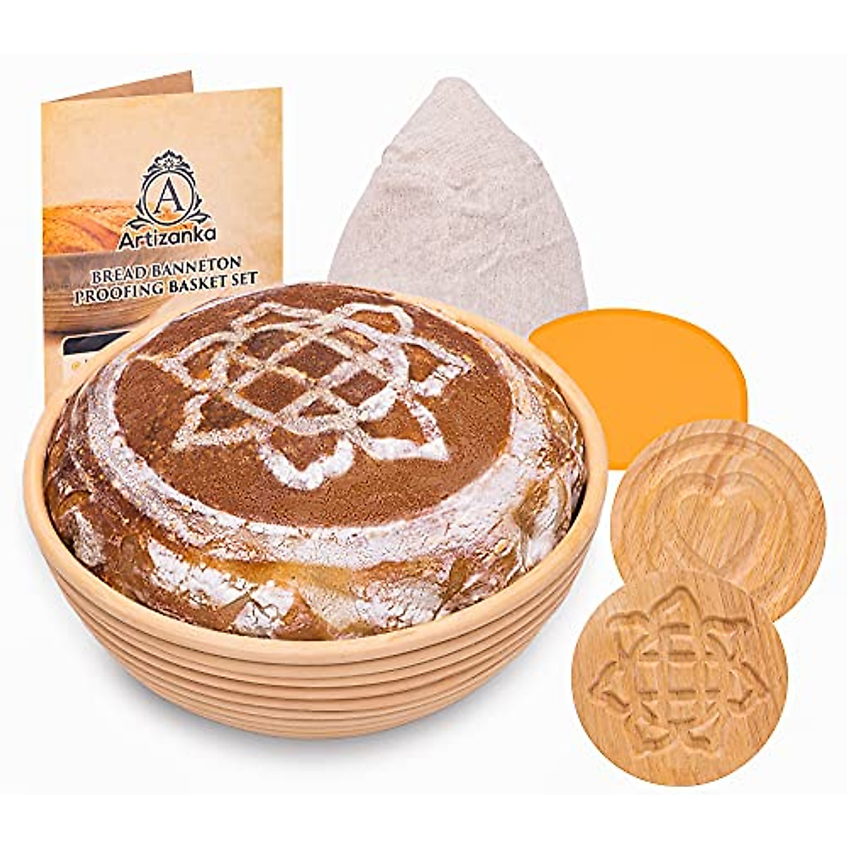 9 in Bread Proofing Basket Set - Make Sourdough Bread with our Banneton Basket and Removable Design Inserts Dough Scraper & Cloth Liner Gift for Bakers by Artizanka (Round Bottom Basket)