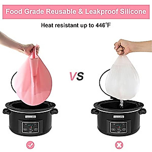 2 Pack Foldable Silicone Slow Cooker Liners, Reusable Crock Pots Silicone Liner Fit 6-8 Quarts Crockpot Leakproof Easy Clean Bags Divider for Oval or Round Pot (Pink+Yellow)