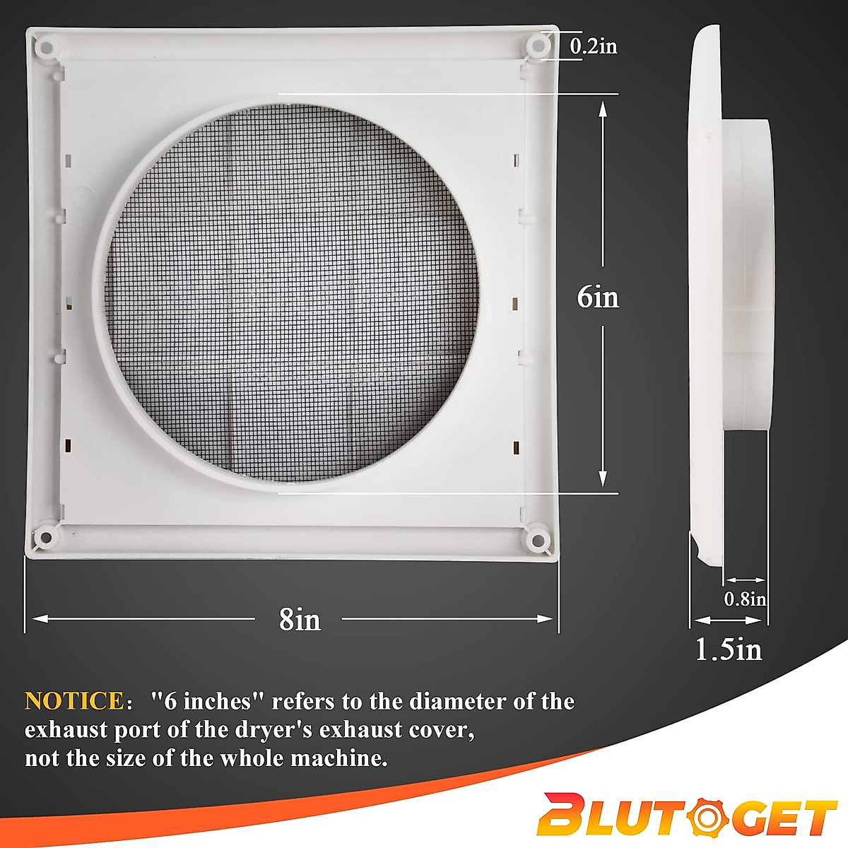 Blutoget 6" Louvered exhaust Vent Cover 8" x 8" Oversize dryer outlet cover for Exterior Wall Vent Hood Outlet Airflow - 6 Inch Vent Cover Exterior with 4 Vent Screen Screw (White)