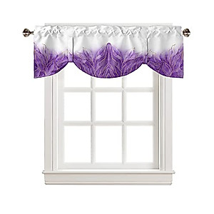 Tie Up Curtain Valance for Kitchen,Purple Gradient Abstract Leaf Gold Edge White Back Window Valances Adjustable Tie-up Shade Valance,Ombre Geometric Art Rod Pocket Short Curtains Bathroom 42x12in