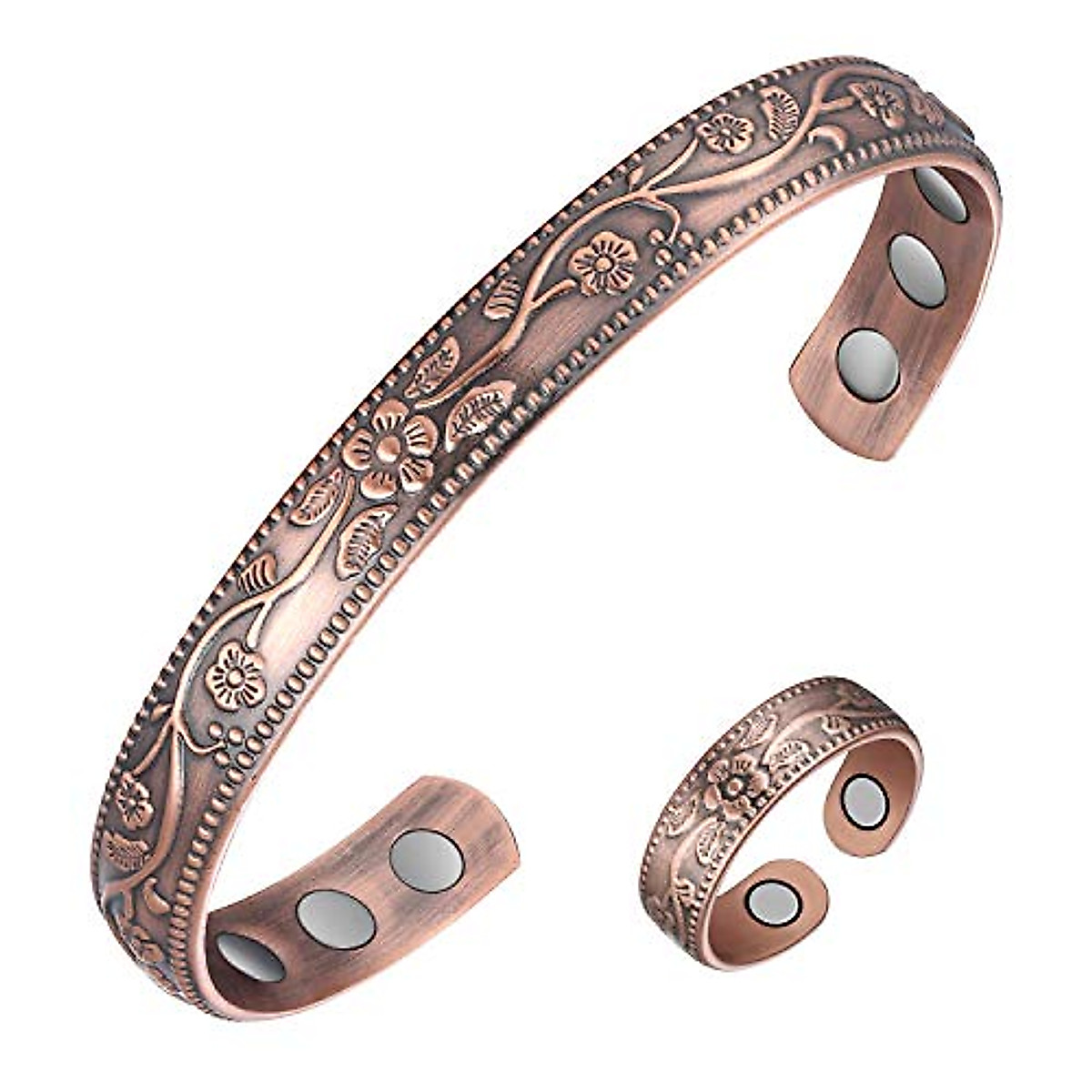 Jecanori Magnetic Copper Bracelet and Copper Ring for Women Men,Vintage Flower Wristband Brazaletes Magnetic Field Therapy Gifts