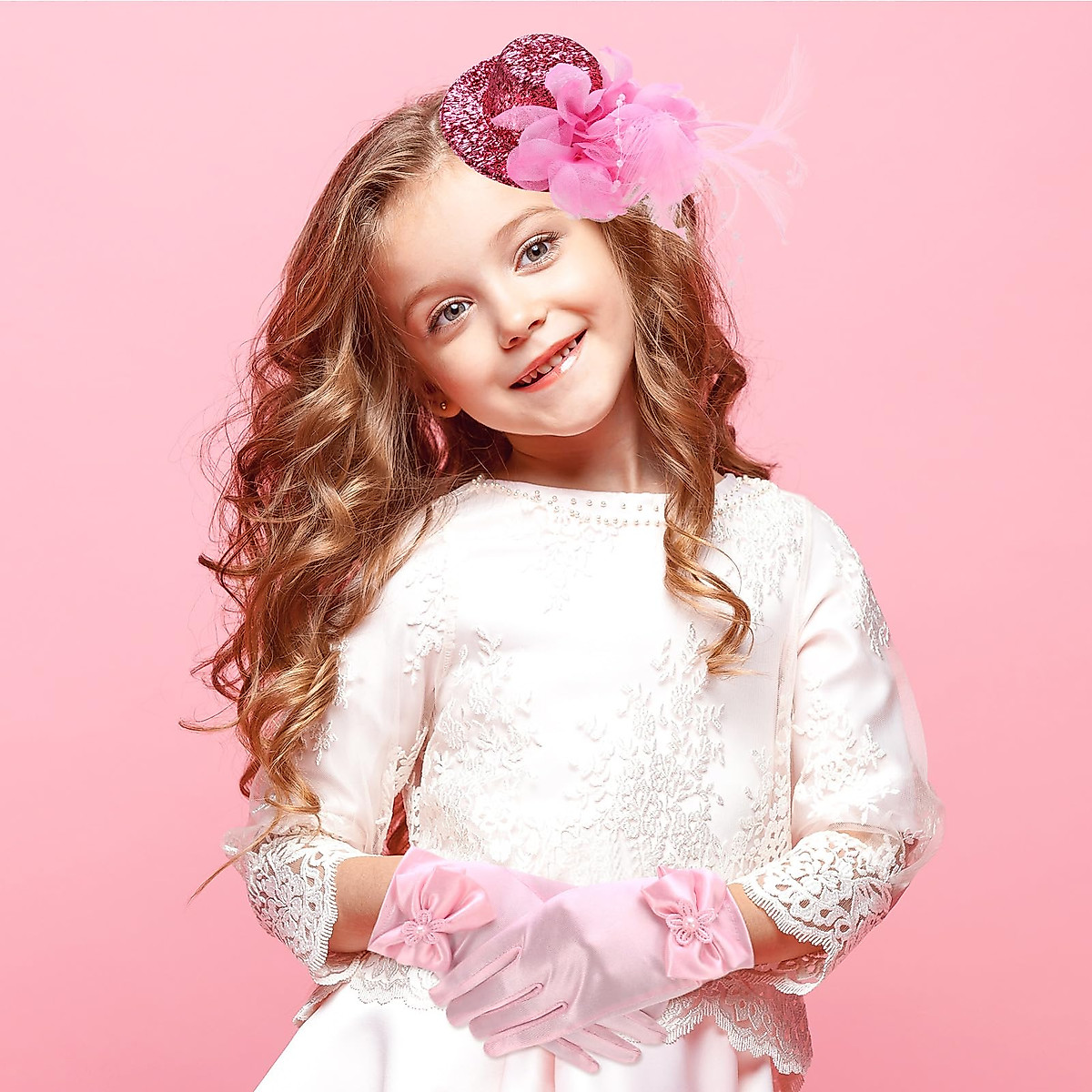 Auidy 6TXD Tea Party Supplies, 6 Pieces Girls Party Headwear and Accessories, Includes Folding Hand Fans, Clip on Hats, Satin and Lace Gloves, Rose Pink