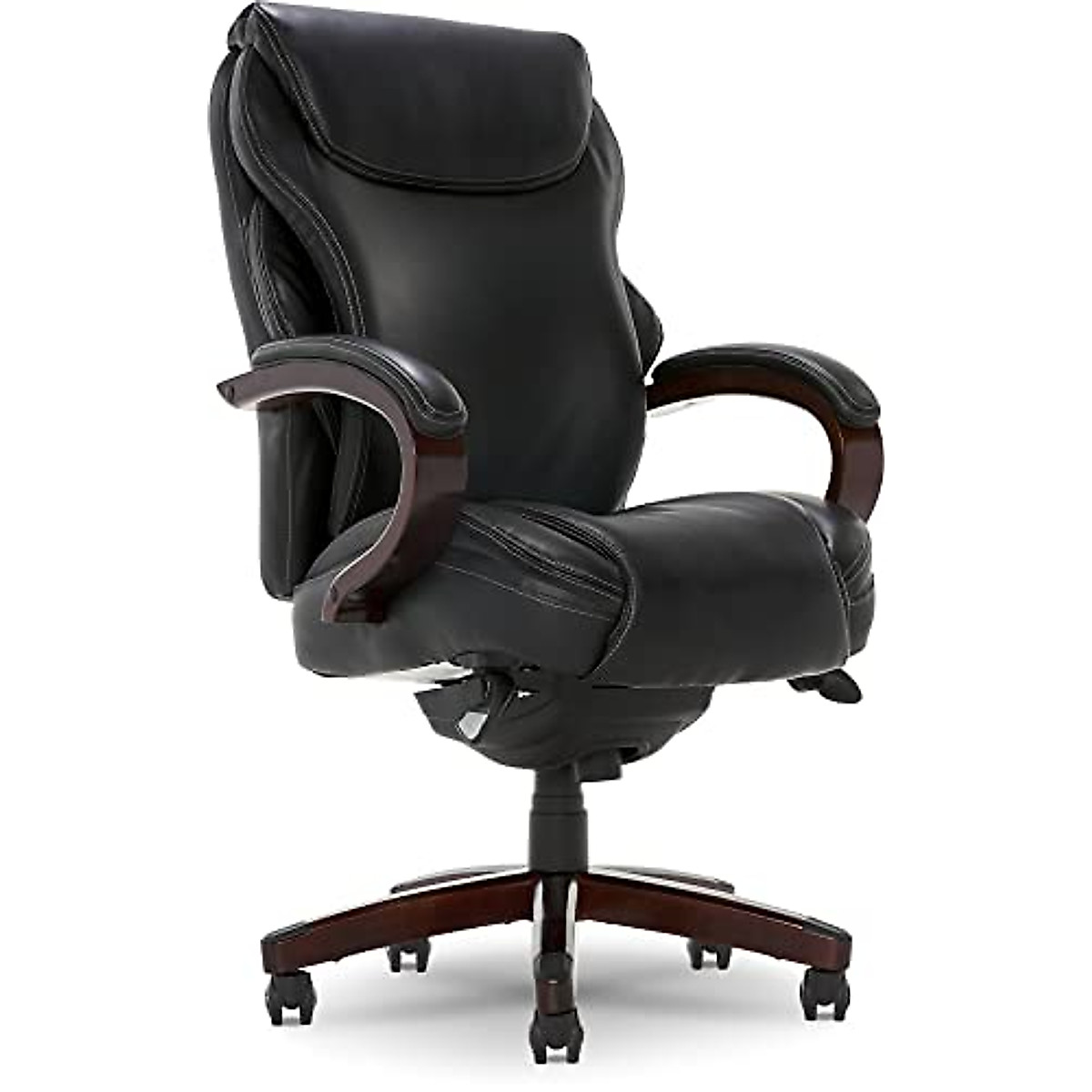 La-Z-Boy Hyland Executive Office Chair with AIR Technology, Adjustable High Back Ergonomic Lumbar Support, Bonded Leather, Mahogany Wood Finish/Black
