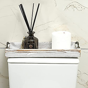 MyGift Weathered White Solid Wood Toilet Tank Tray, 16 Inch Rectangular Bathroom Vanity Tray with Aged Bronze Metal Handles