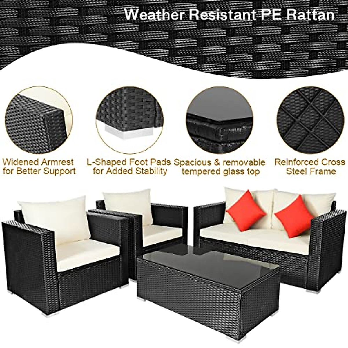 LUKEO 4PCS Patio Rattan Furniture Set Cushioned Sofa Chair Coffee Table Excellent Appearance in Classic and Style