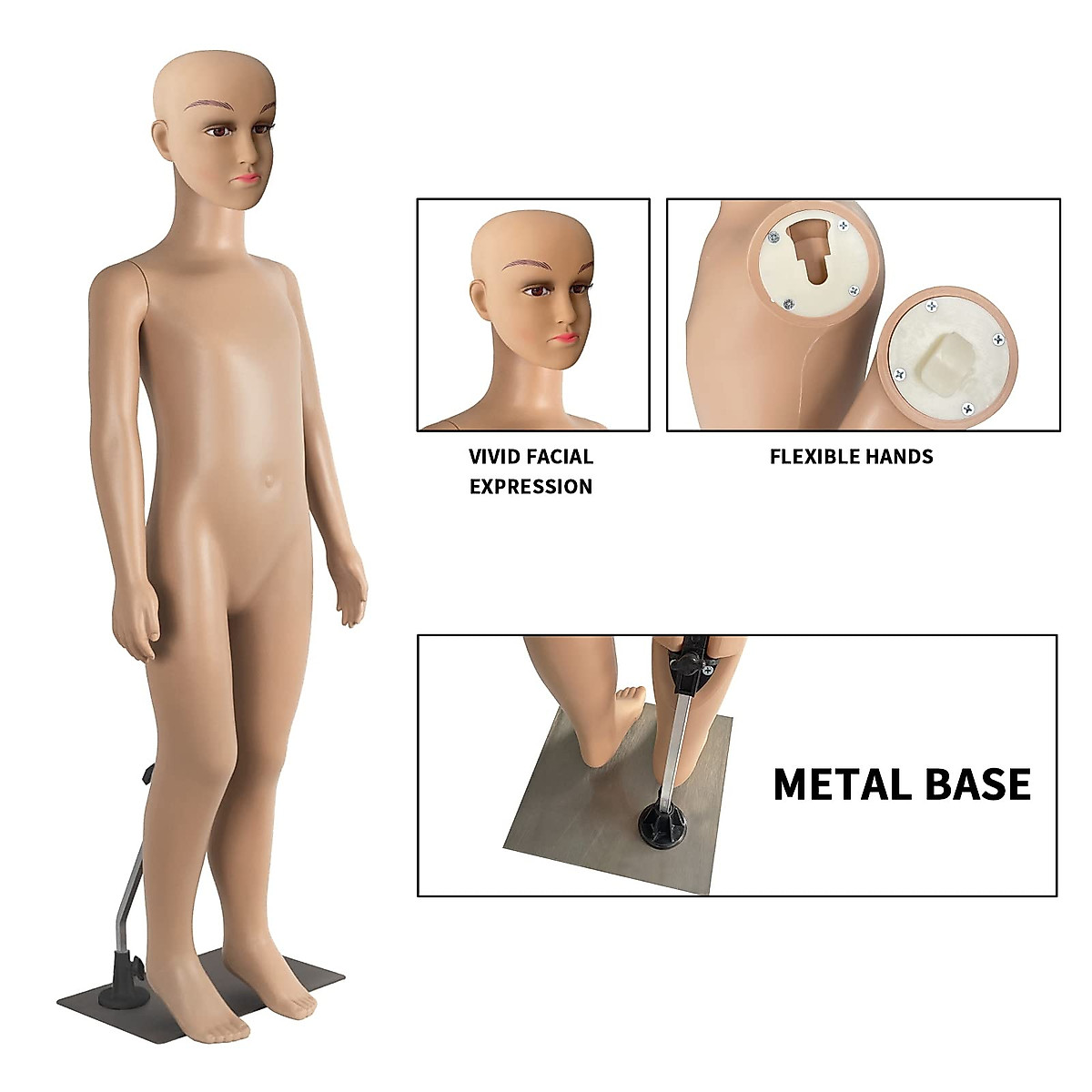 Kids Mannequin Full Body Realistic Adjustable Detachable Manikin Display Head Turns Dress Form W/Metal Base