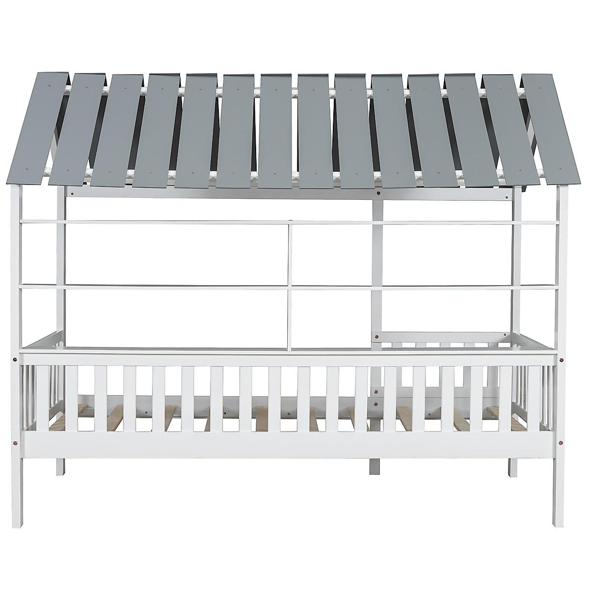 Harper & Bright Designs House Bed Twin Size with Fence Guardrails, Montessori Bed Frame with Storage Shelves, Wood Playhouse Beds for Kids Girls Boys, White