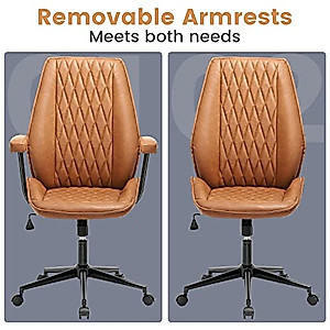 Brown Office Chair Leather Desk Chair with Removable Armrest, Modern Home Office Chair Mid Century, Mid Back Computer Chair with Wheels, Capacity 400lbs