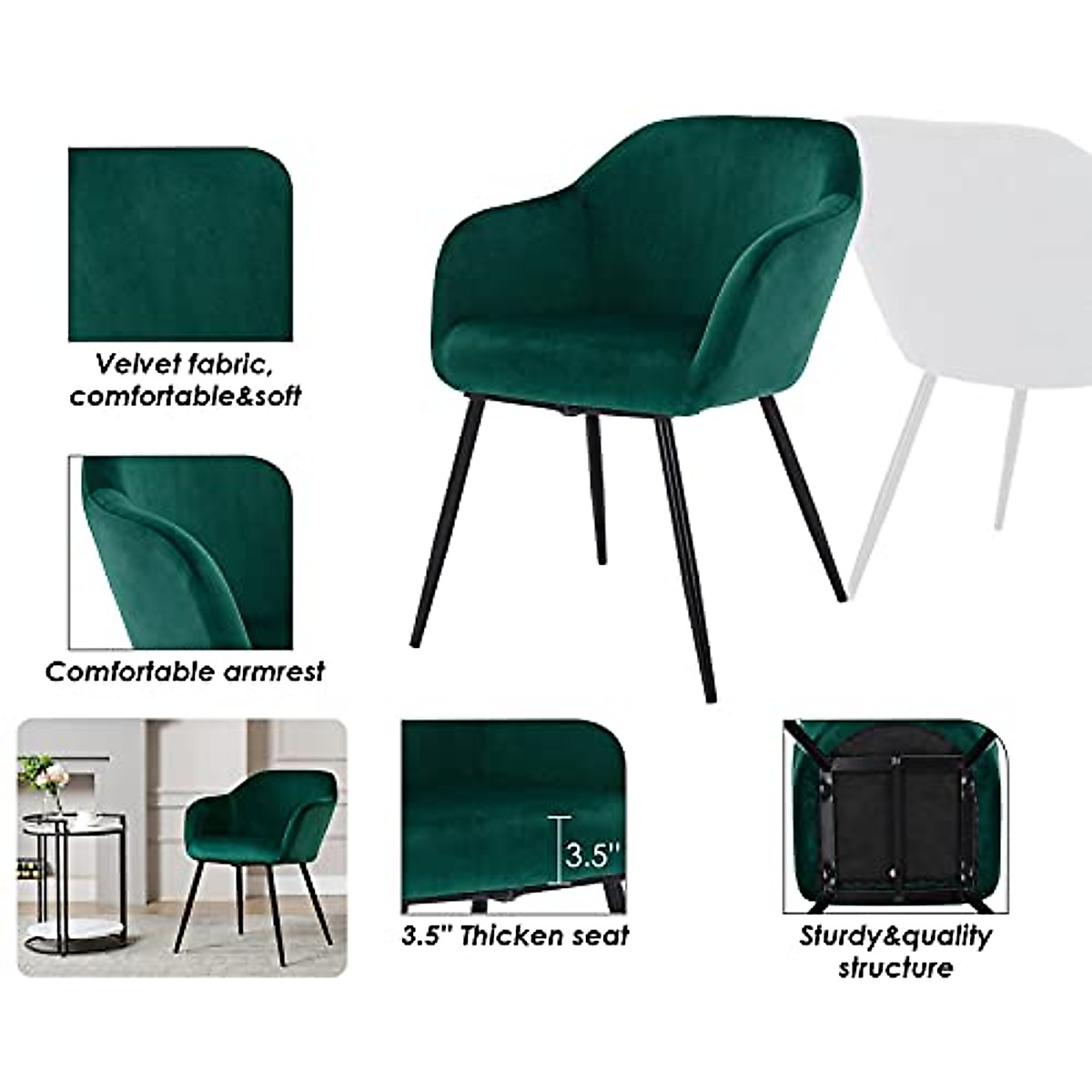 CIMOTA Dark Green Arm Chair Upholstered Accent Chair Velvet ArmChiar Comfy Leisure Side Chair Makeup Vanity Chair for Living Room Bedroom Dining Room