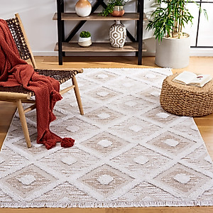 Safavieh Augustine Collection Area Rug - 6'4" x 9'6", Ivory & Beige, Moroccan Trellis Boho Rustic Fringe, Non-Shedding & Easy Care, Ideal for High Traffic Areas in Living Room, Bedroom (AGT730A)