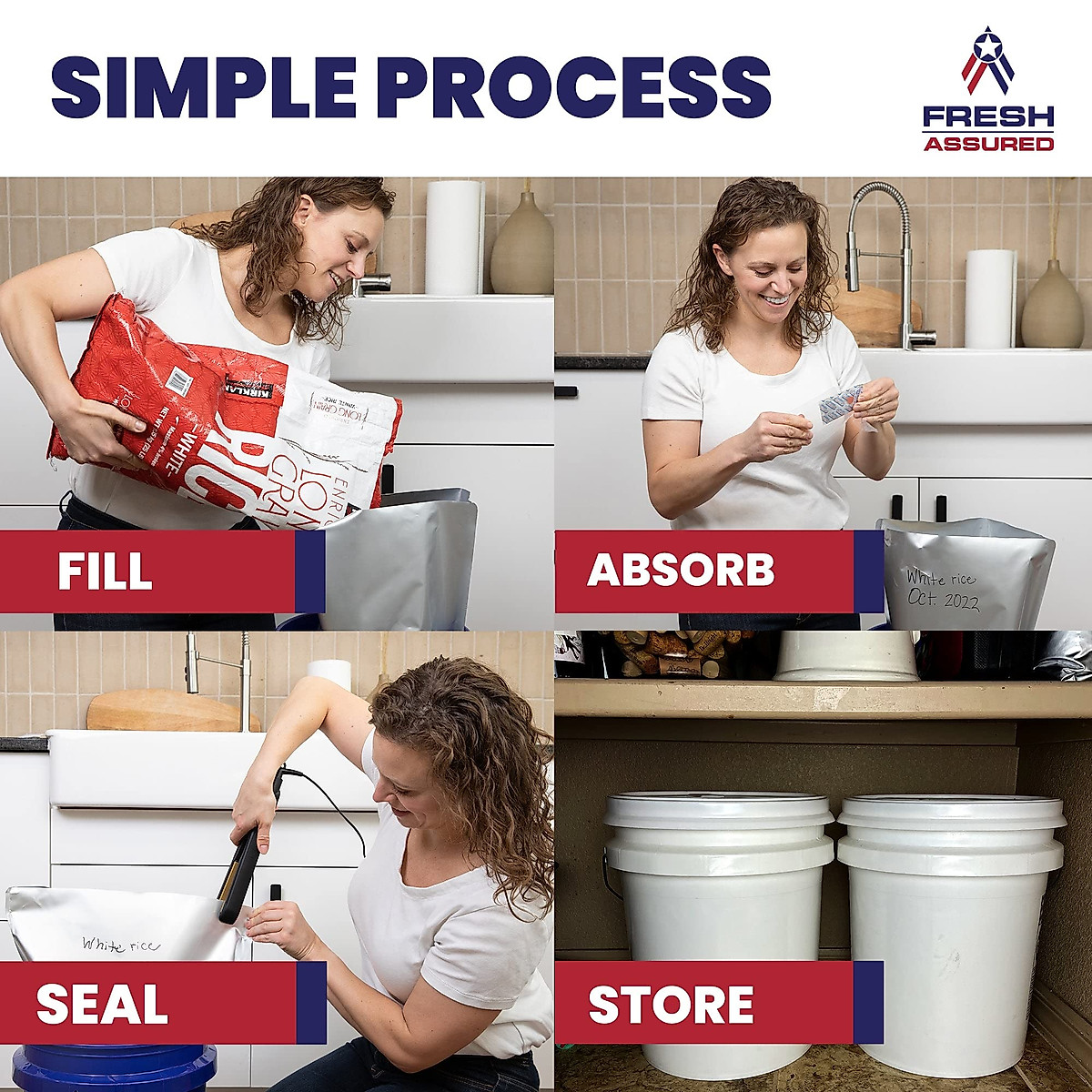 Fresh Assured | 25-Pack 5 Gallon Mylar Bags with Oxygen Absorbers (30 x 2000cc) | 7 mil | BPA Free | Long-Term Food Storage Container Sets