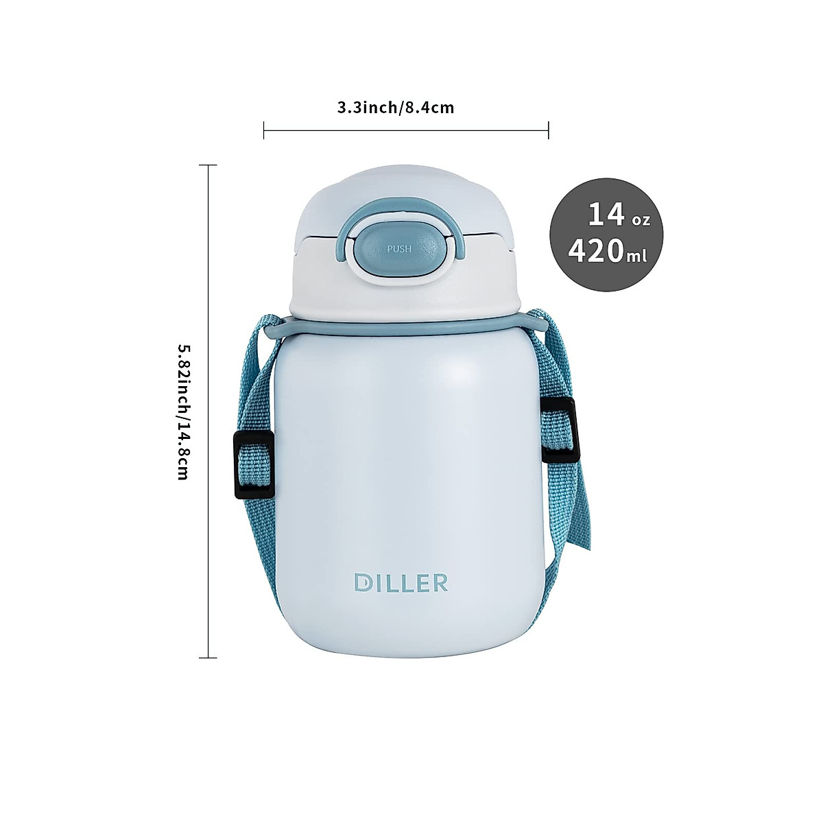Diller Insulated Water Bottle with Straw, 14 oz Travel Coffee Mug with Straps Mini Stainless Steel Water Bottles with Straw for Kids and Women Keep 12H Piping Hot & 24H Cold (Blue, 14 oz)