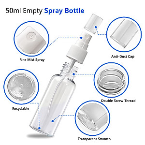 Mini Spray Bottles, 2oz/50ml Small Spray Bottle, Plastic Travel Spray Bottle for Liquids, Refillable Hand Spritzer Bottles for Liquids, Clear Alcohol Spray Bottles with Small Funnel and Bottle Labels