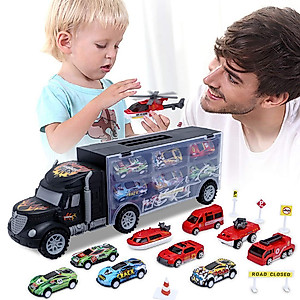 HAENPLE Toddler Toys for 3-5 Year Old Boys,Cars Truck Toys Transport Carrier Set,Valentines Day Gifts for Kids,Die-cast Vehicles Includes 12 Mini Toy Cars Easter Gifts for Kids Boy Age 3-7