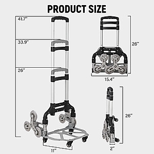 Stair Climbing Cart, 165 lbs Capacity Hand Truck, Foldable Hand Truck Aluminum Trolley with 10 Wheels, 2 Bungee Cords, Telescoping Handle, for Shopping, Moving, Office Use
