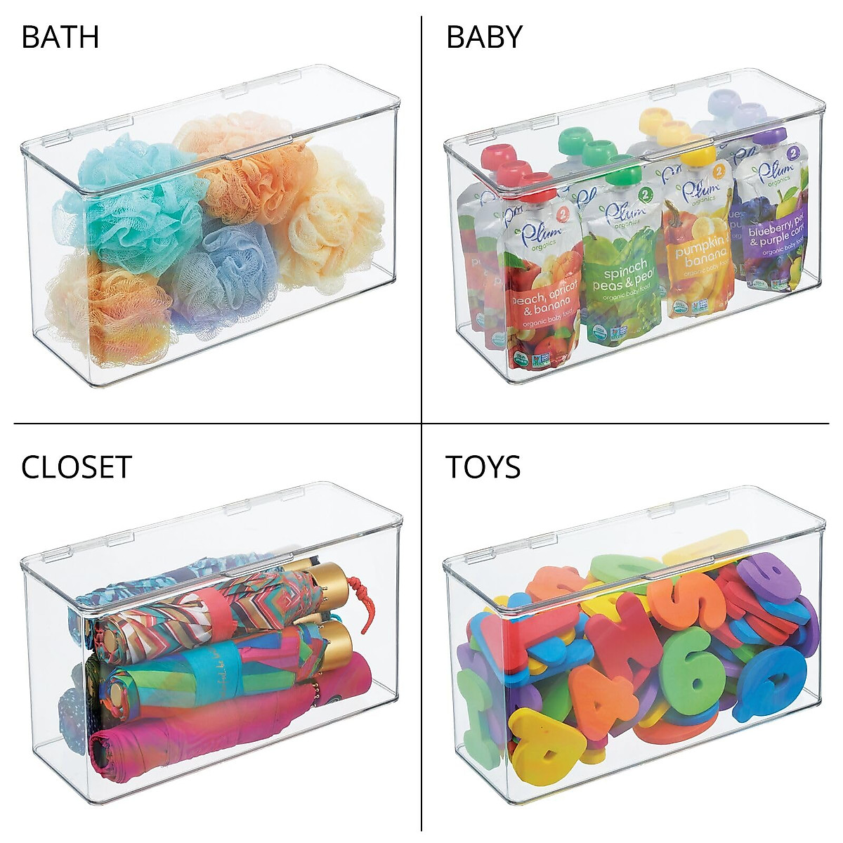 mDesign Plastic Bathroom Storage Organizer Box Containers with Hinged Lid for Vanity Drawers - Holds Lotions, Face Towels, Cotton Swabs, Soap, or Accessories - Lumiere Collection - 4 Pack - Clear