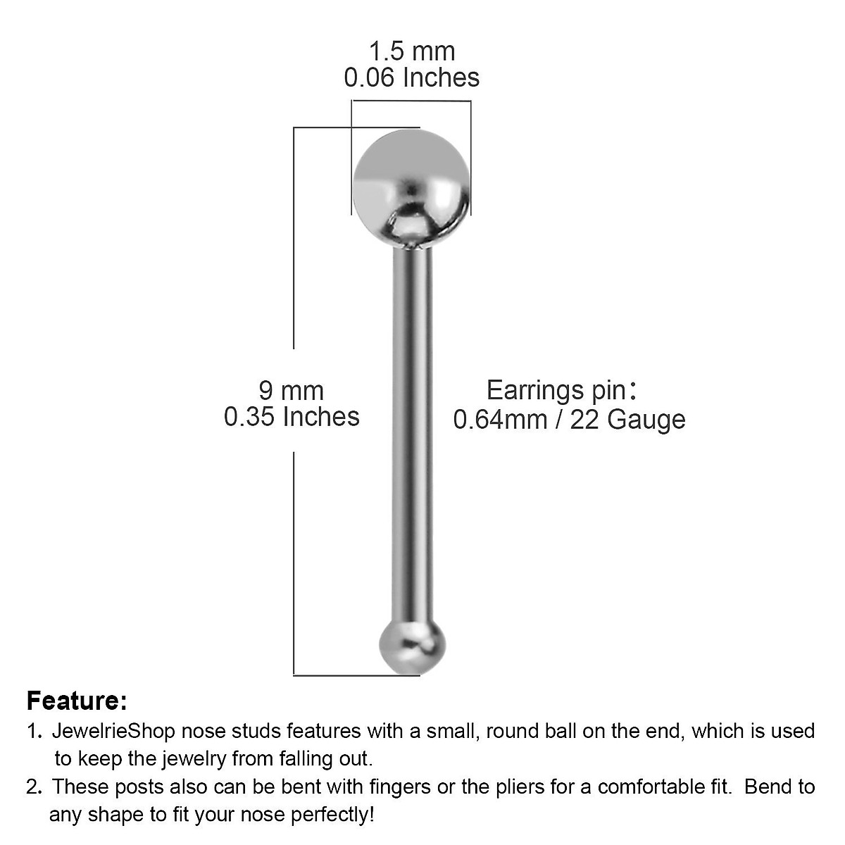 JEWELRIESHOP 40pcs Nose Ring Studs Stainless Steel Nose Piercing Jewelry Bone Studs for Women Men Hypoallergenic 22G (1.5mm,Silver Ball)