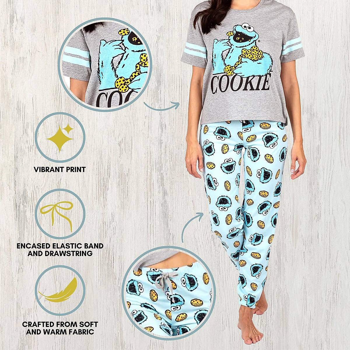 Prestigez Cookie Monster Women's Pajama 2 piece Set, includes Tee and Sleep Pants, Gray/Blue, Size Medium