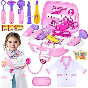 GINMIC Kids Doctor Play Kit, 22 Pieces Pretend Play Doctor Set with Halloween Role Play Doctor Costume and Carry Case for Toddlers and Kids, Medical Dr Kit Toys for Girl Age 3 4 5 6 7 Year Old
