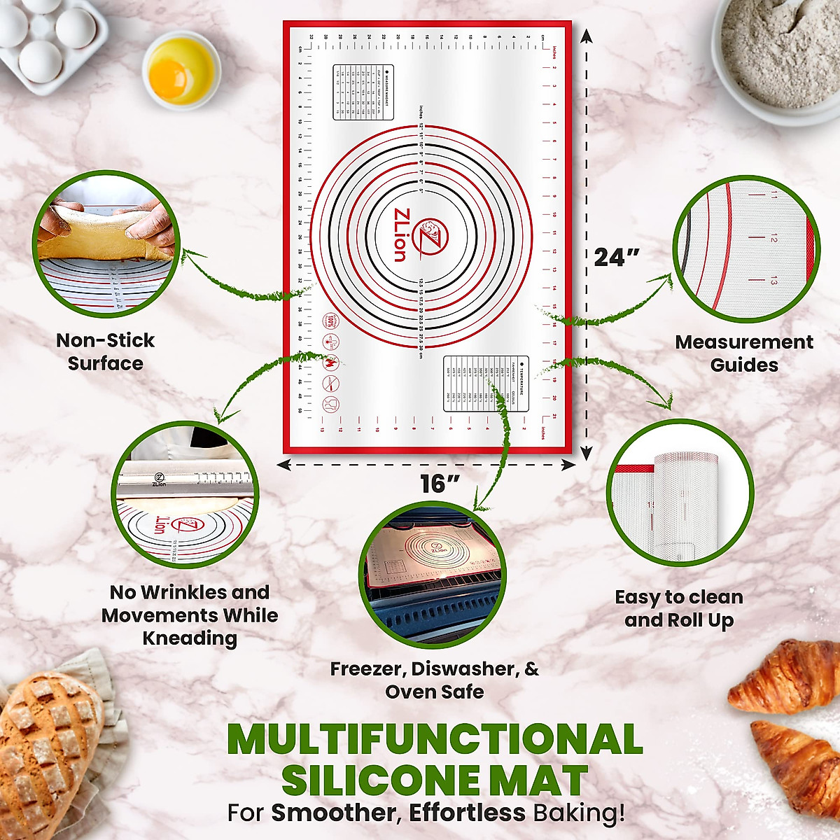 Zlion Rolling Pin with Thickness Rings – Stainless Steel and Corrosion-Resistant Adjustable rolling pin w/Silicone Pastry Mat for Baking Pizza, Dough, Pastry, Fondant, Pasta