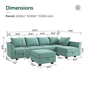 HONBAY Convertible Sectional Sofa with Ottman Set Modular Sectional Couch with Reversible Chaise L Shaped Modular Sofa with Storage Seats for Living Room, Aqua Blue