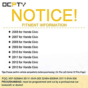 OCPTY 1X Flip Key Entry Remote Control Entry Remote key Fob Transponder Ignition Key for 06-13 for Honda Civic N5F-S0084A 35111-SVA-305 3248A-S0084A 35111-SVA-306