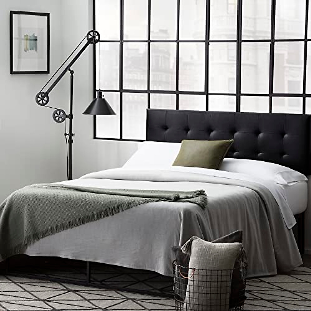 Edenbrook Hawthorne Faux Leather Headboard - Modern -Adjustable Height - Buttonless Tufting, Queen, Black