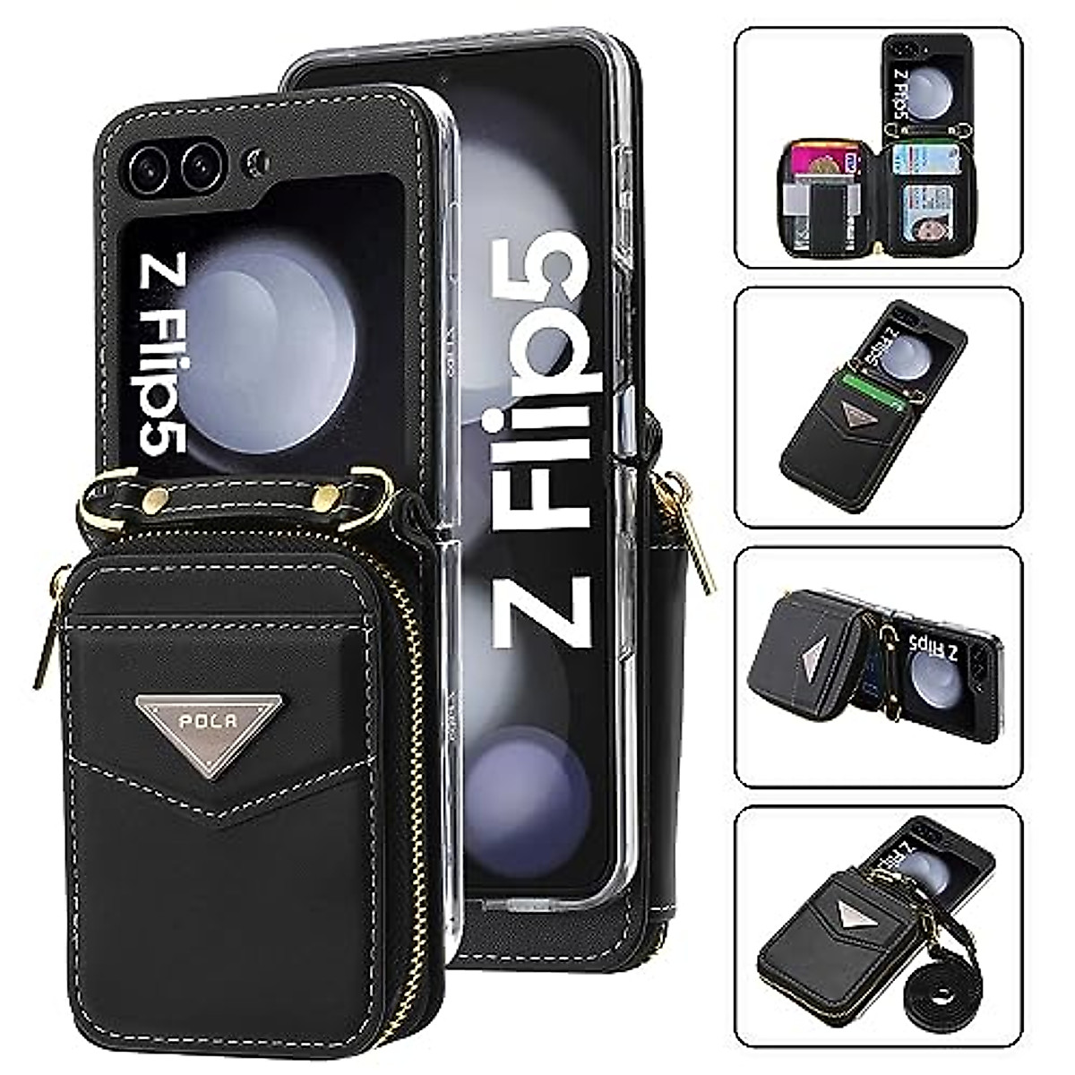 protective filp case Crossbody Wallet Case for Samsung Galaxy Z Flip 5, PU Leather Zipper Handbag Purse Flip Cover with Card Slots Holder Wrist Strap Lanyard Large Capacity Wallet Case nonmetallic cov
