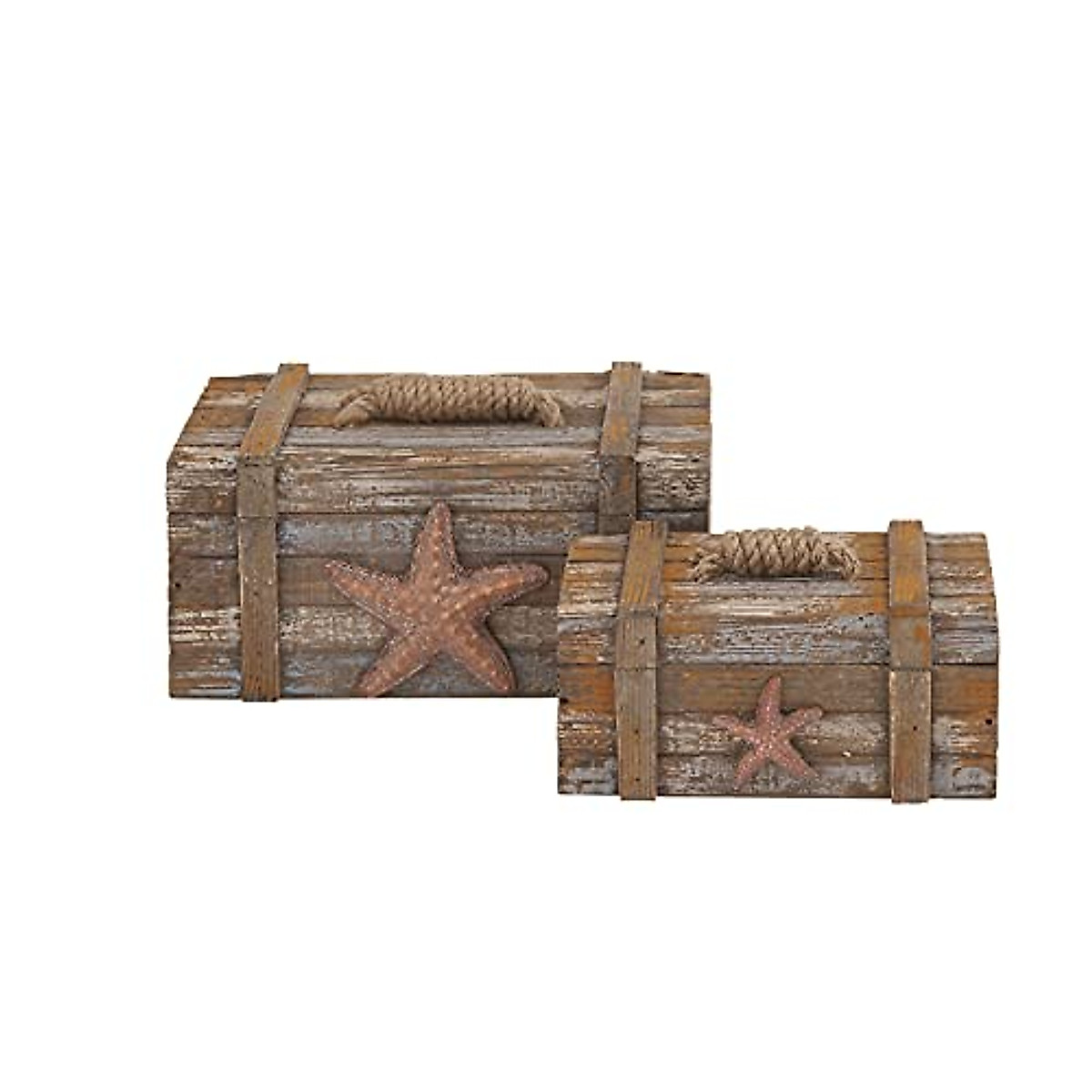 Deco 79 Wood Starfish Handmade Distressed Box with Knotted Rope Details, Set of 2 10", 7"W, Brown