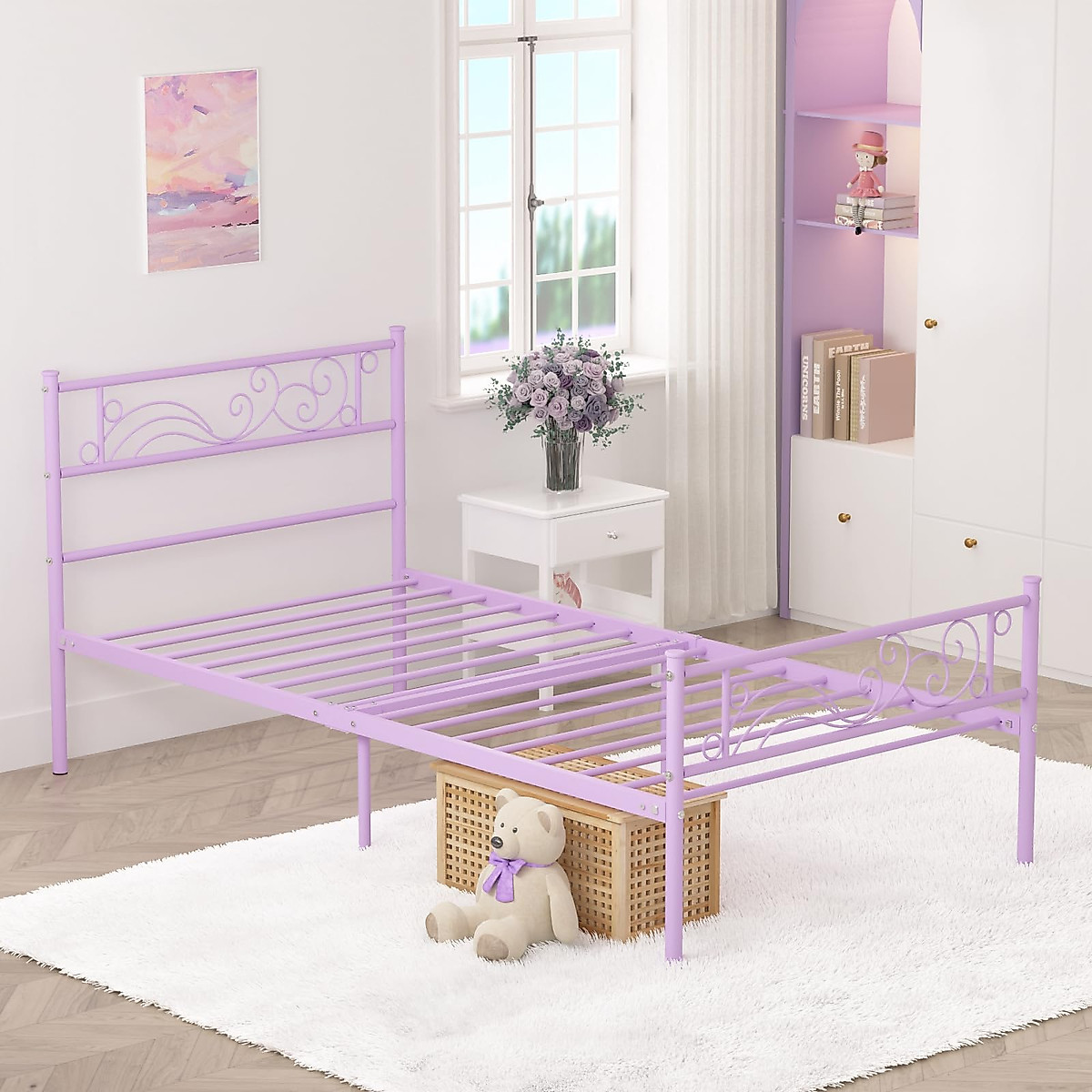 Weehom Twin Bed Frame with Headboard, Princess Bed Metal Platform No Box Spring Needed,Heavy Duty Metal Slats Support Easy Assembly for Kids Girls Adults Purple