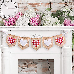 Adurself Heart Burlap Banner Valentine Garland Wedding Engagement Party Vintage Rustic Burlap Buffalo Plaid Red White Check Lace Banner for Valentine's Day Birthday Bridal Shower Anniversary