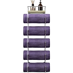 Sorbus Towel-Rack for Bathroom - Wall Mounted Metal Organization Rack with Wooden Top Shelf & 5 Tiers - Holds Full Sized Bath-Towels, Washcloths, Linens, & Hand-Towels - Easy Installation