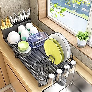 PXRACK Dish Drying Rack, Expandable(19.1"-26.9") Large Capacity Dish Rack and Drainboard Set, Stainless Steel Dish Drainers with Utensil Holder for Kitchen Counter, Black