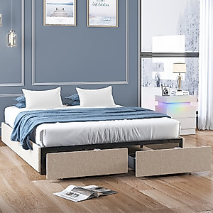 Mjkone California King Size Bed Frame with Storage Drawers, Linen Fabric Platform Bed Frame, Wood Slat Support Bed Frame, No Box Spring Needed/No Headboard/Easy Assembly/Noiseless - Beige