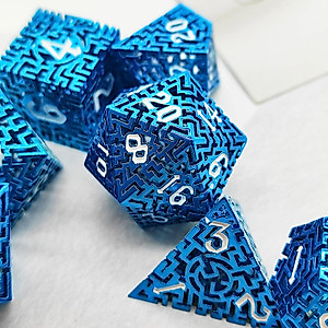 DND Polyhedral Hollow Metal Dice Set RPG Maze Design D&D Dungeons and Dragons D and D MTG Weighted Pathfinder Board Game D4 D6 D8 D10 D% D12 D20 (with Free Metal Storage Box) Dice-Blue