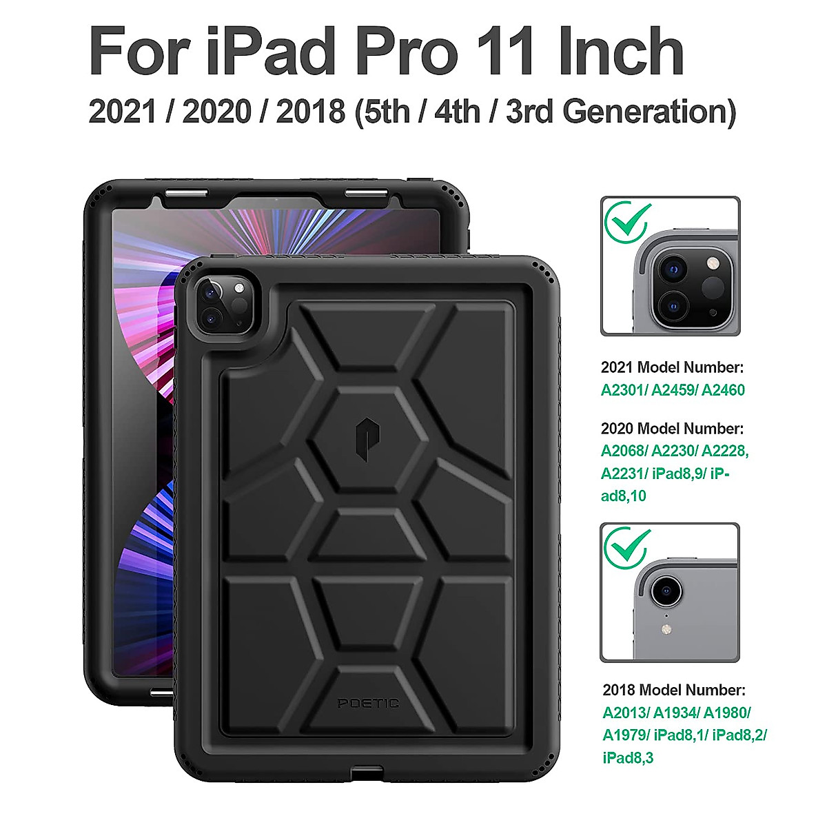 Poetic TurtleSkin Heavy Duty Case Designed for iPad Pro 11 Inch 4th Gen 2022 / 3rd Gen 2021 / 2nd Gen 2020 / 1st Gen 2018, Rugged Shockproof Drop Protection Kids Friendly Silicone Cover Case, Black