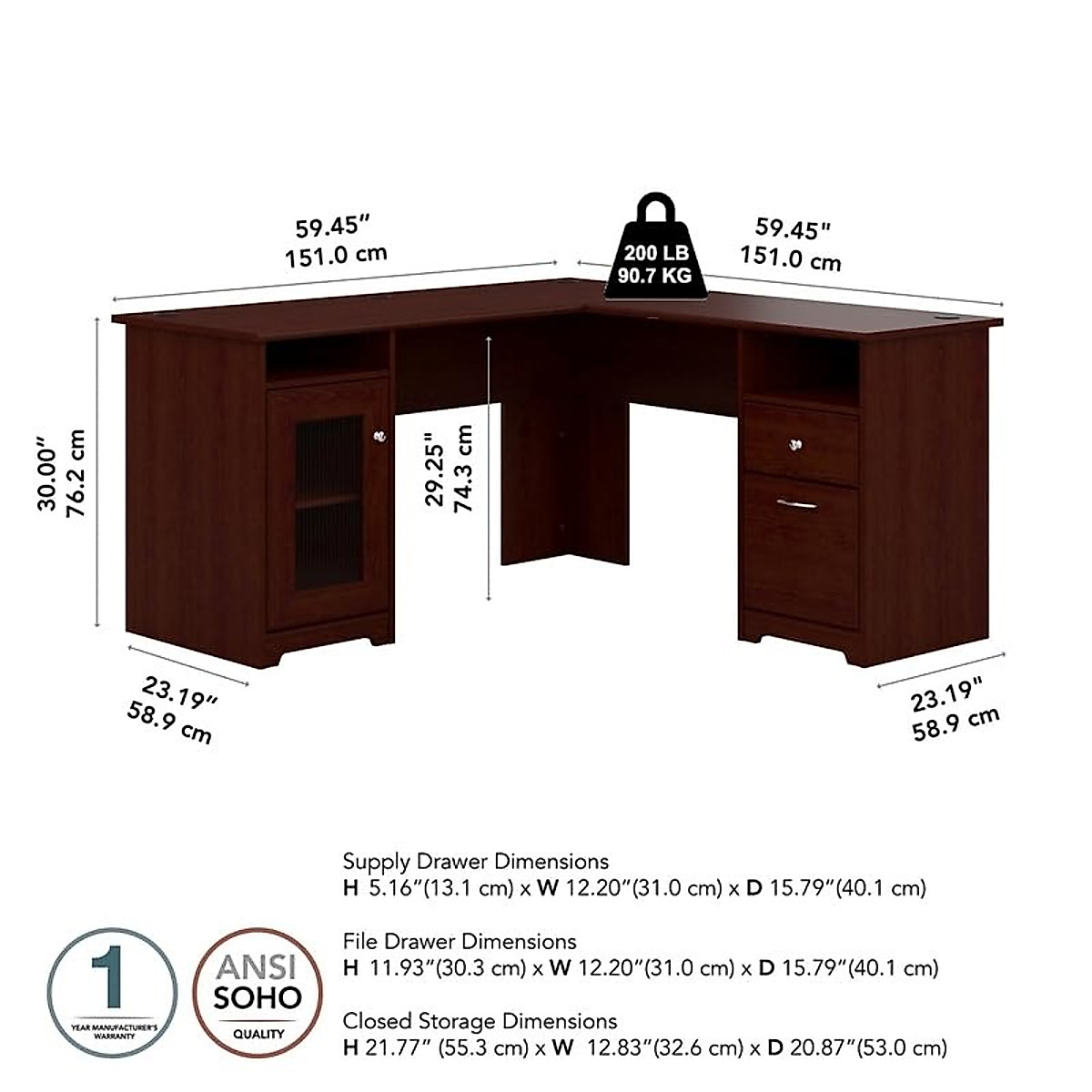 Scranton & Co 60" Transitional Engineered Wood L-Computer Desk in Harvest Cherry