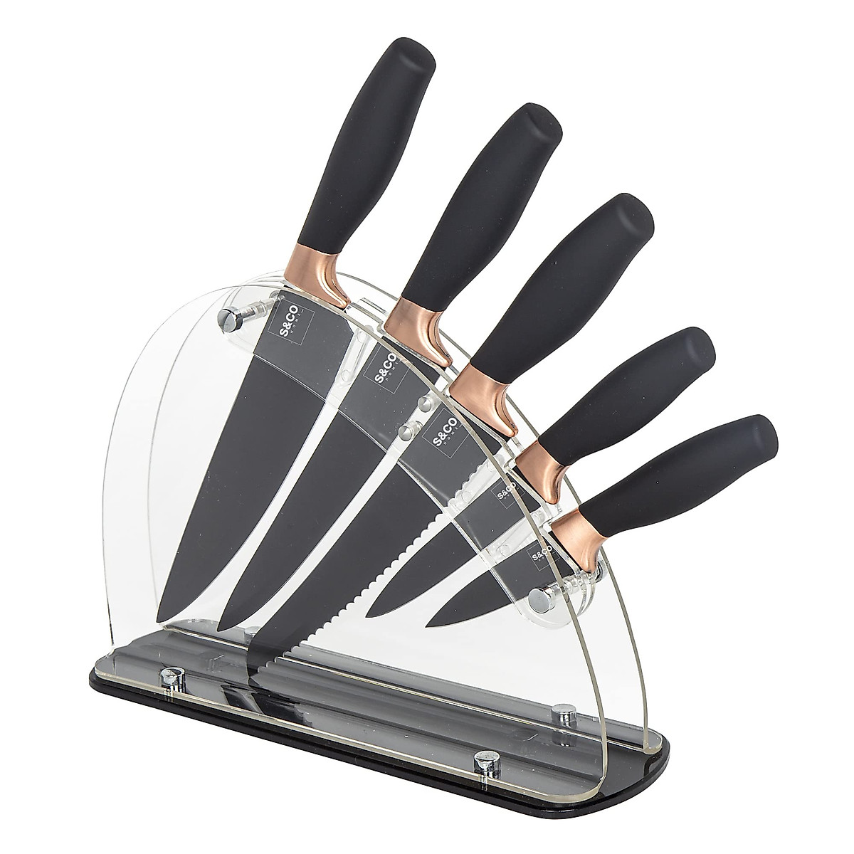 S & Co. 6 Pcs Kitchen Knife Set with Acrylic Block - Super-Sharp Steel Knives with Non-Stick Coating - Chef, Bread, Carving, Utility, Paring Knives - Stylish Cooking Tools with Black, Rose Gold Handle
