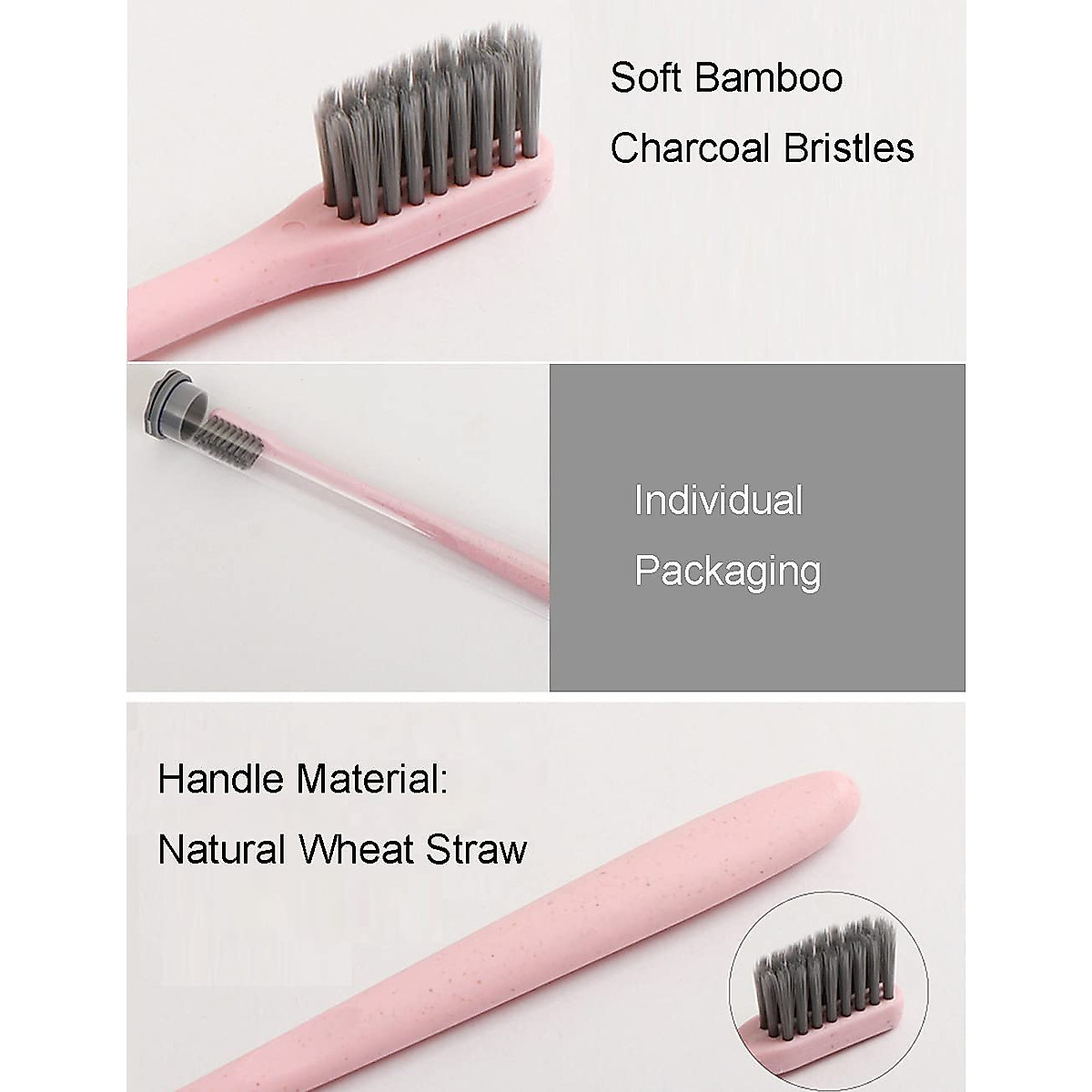 Sainal 12pcs/Pack Manual Toothbrushes Soft Bamboo Charcoal Bristles Wheat Straw Material Handle Portable with Individual Packaging