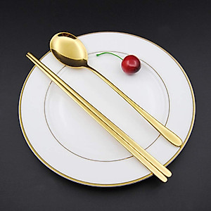 QANYEGN 304 Stainless Steel Spoon and Chopsticks, Flat Long Handle Chopsticks and Spoon Set with Gift Box, Korean Tableware Set for Home Kitchen, Restaurant(Gold)