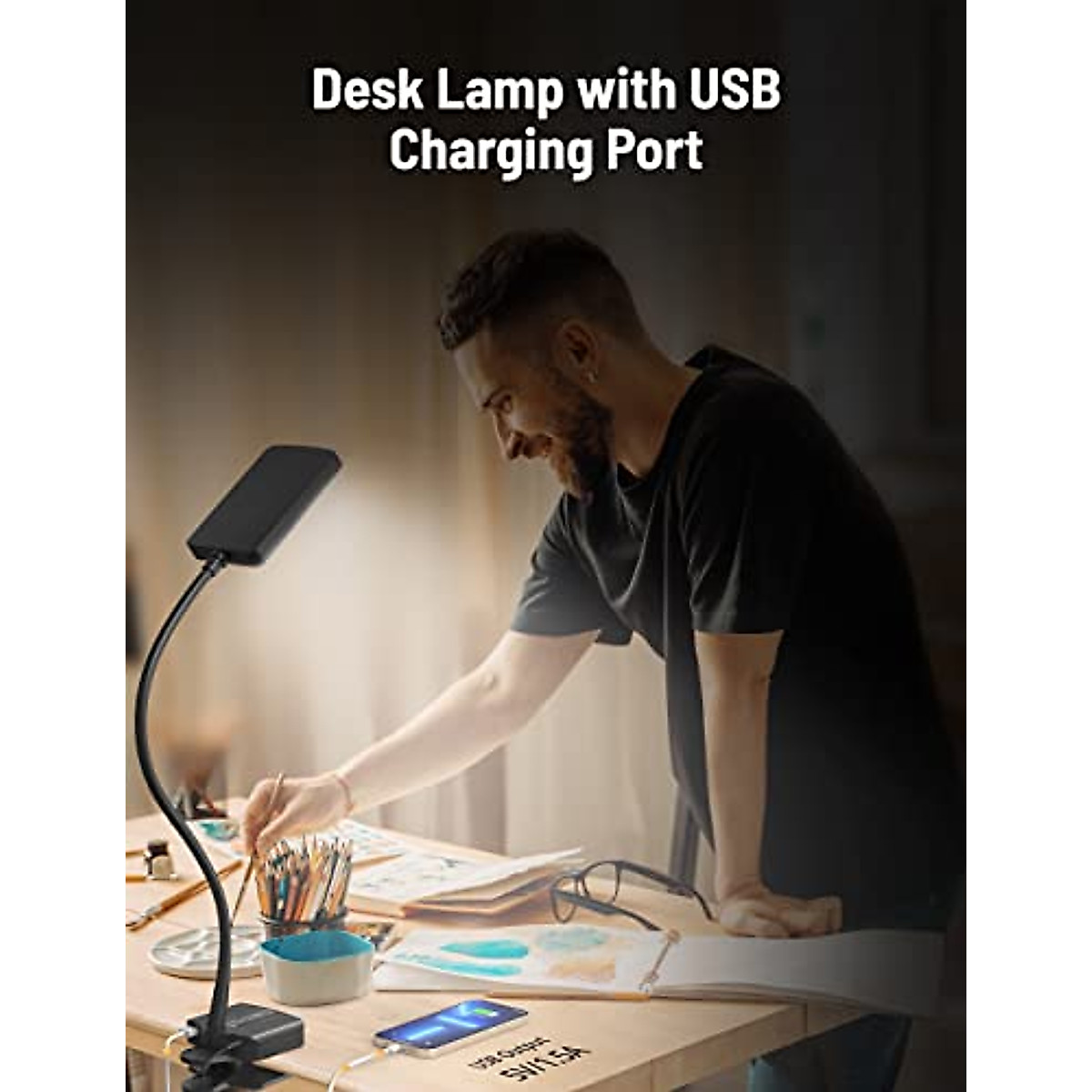 TROND Clamp Desk Lamp, Eye-Care Desk Light with USB Charging Port, 5 Color Modes 5 Level Brightness, 30-Minute Auto Timer Flexible Gooseneck Task Lamp for Sewing Reading Drawing Crafting, 11W, Black