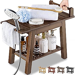 ETECHMART 2-Tier Bamboo Shower Bench, 24 Inch Spa Stool with Storage Shelf for Inside Shower Legs Shaving, Entryway or Bathroom, A-Shaped Shower Bath Seat for Seniors Adults Disabled Women, Walnut
